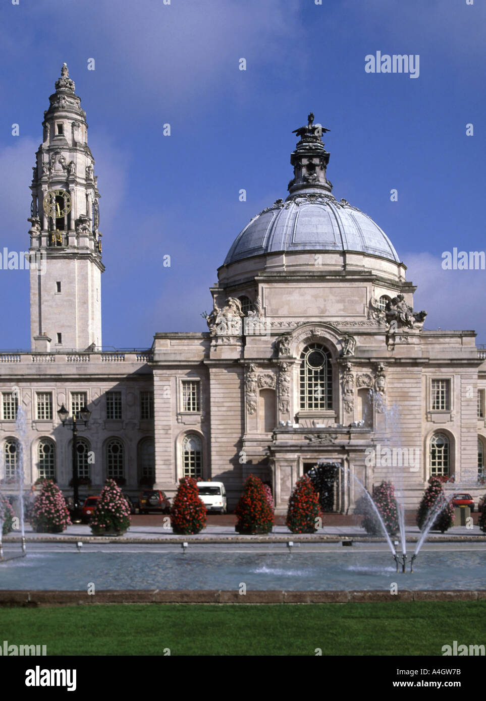 Cardiff baroque style city hall civic centre with lawn water feature ...