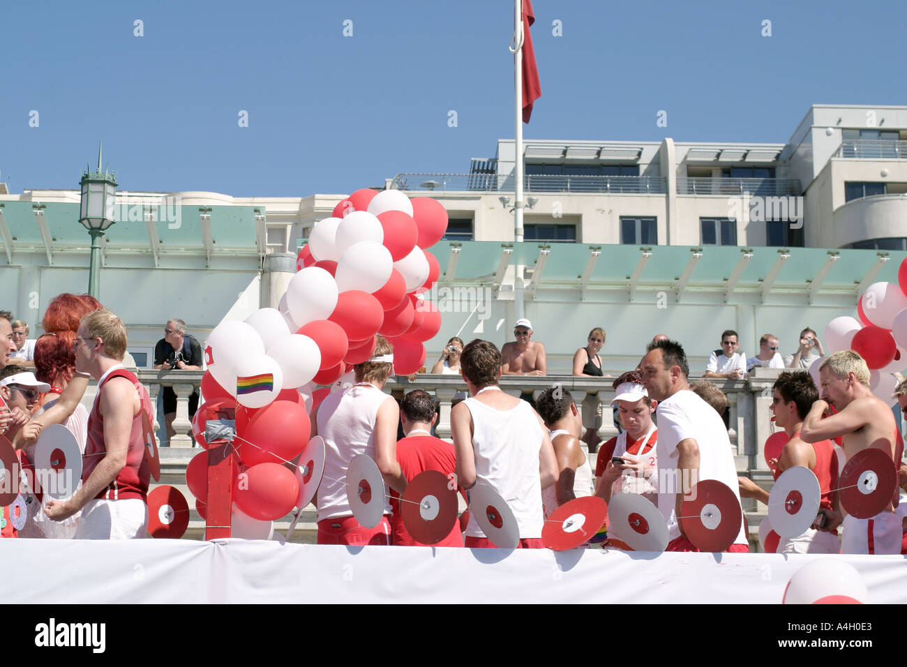 Participants on open top bus in Gay Pride Parade Brighton UK Stock ...