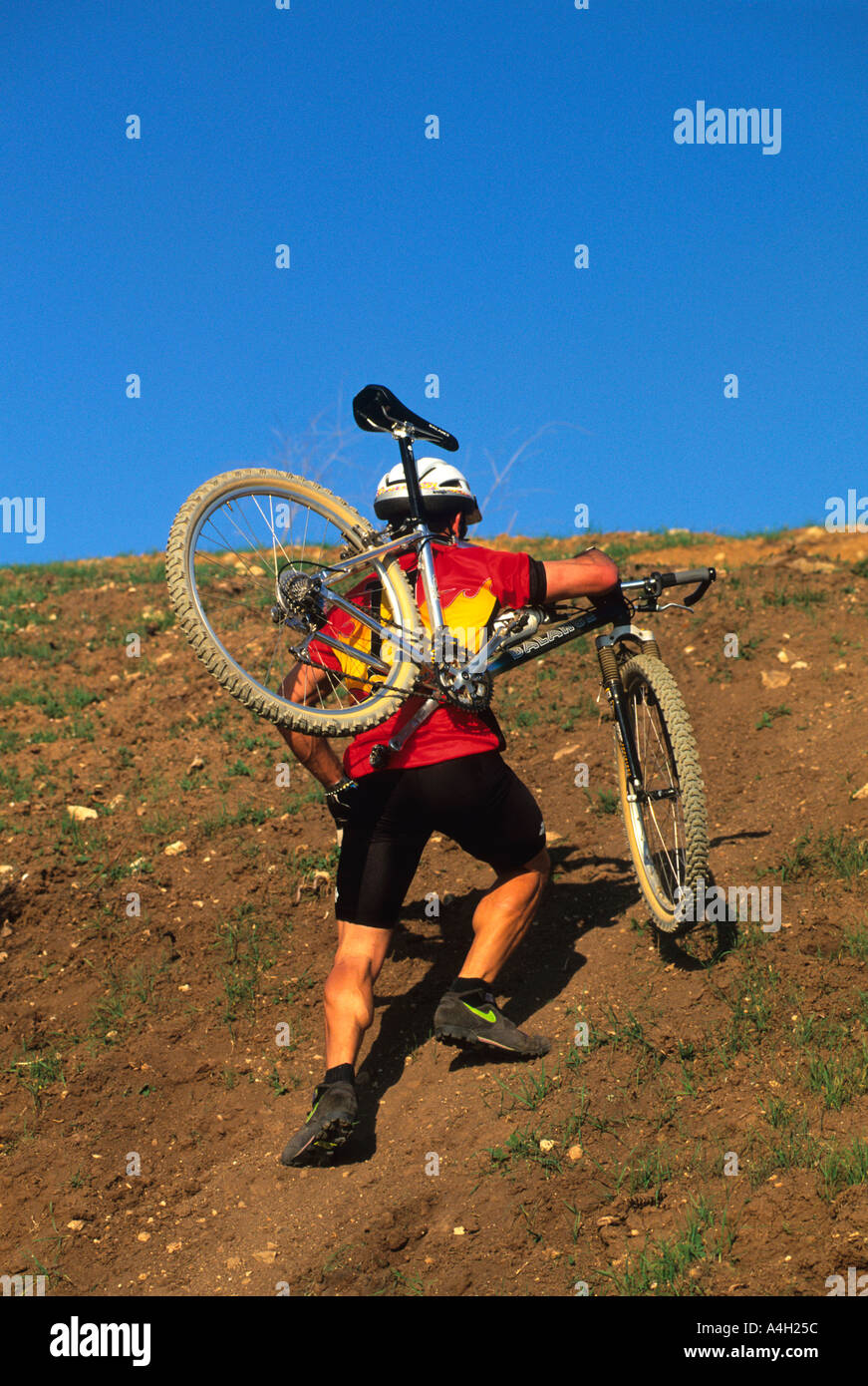 Mountain Biker climbing up a hill with mountain bike on back SPORTS ...