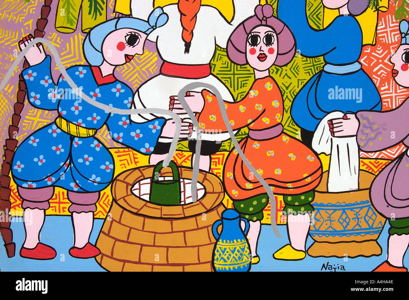 Morocco naiif apinting of woman getting water from a wheel Stock Photo ...