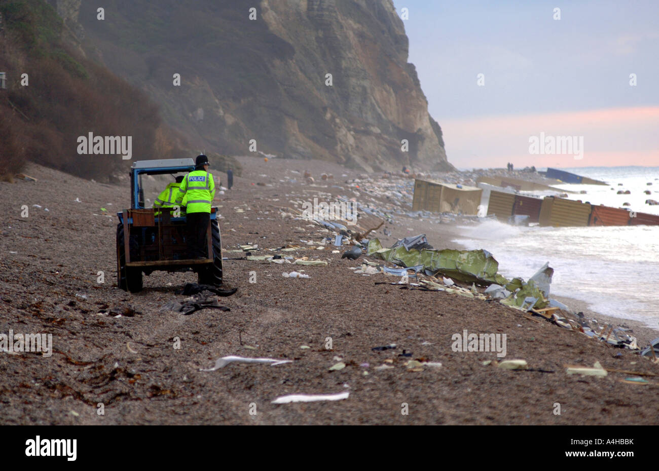 Police patrol the beach after containers were washed up from the MSC ...