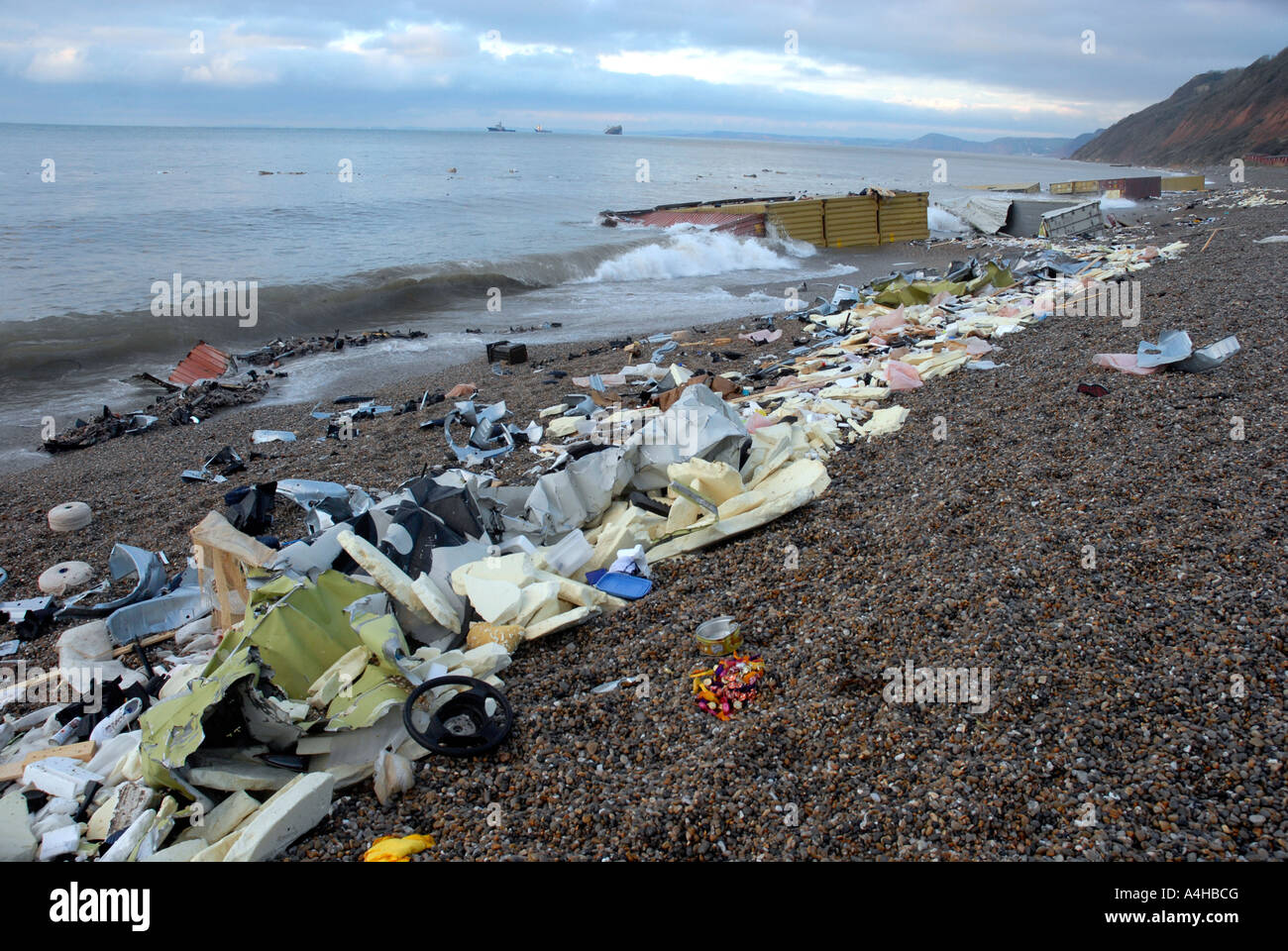 Washed up goods from the MSC Napoli container ship along the beach at ...