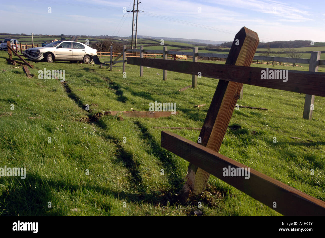 Car crash through fence, Britain, UK, RTA, RTC, traffic collision ...