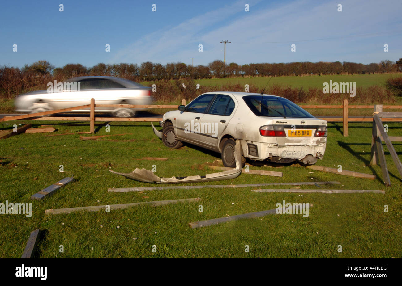 Car crash through fence, Britain, UK, RTA, RTC, traffic collision ...