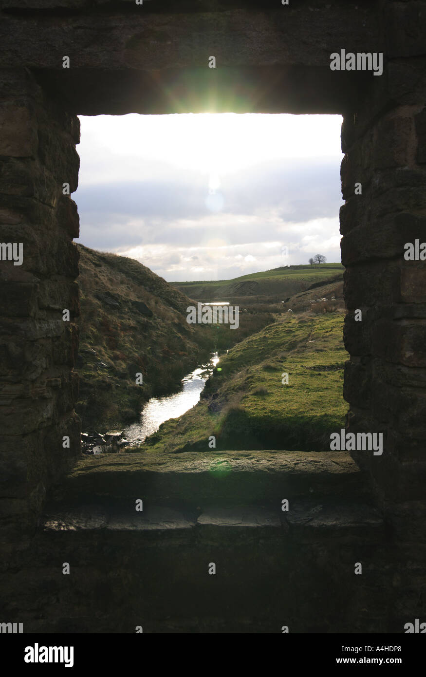 View from the ruinous windows of Cheesden Lumb Lower Mill down the ...