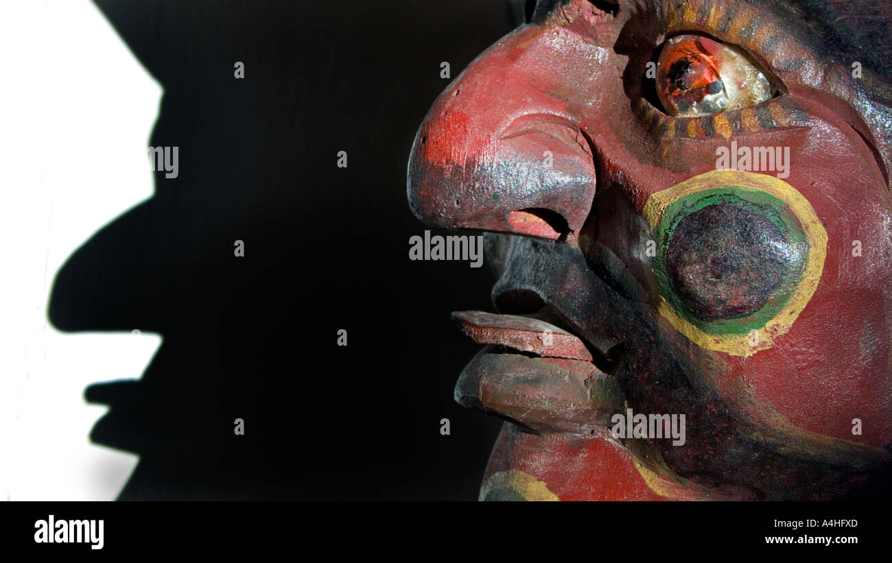 Fierce Guatemalan wooden Dance mask casting a natural shadow As also ...