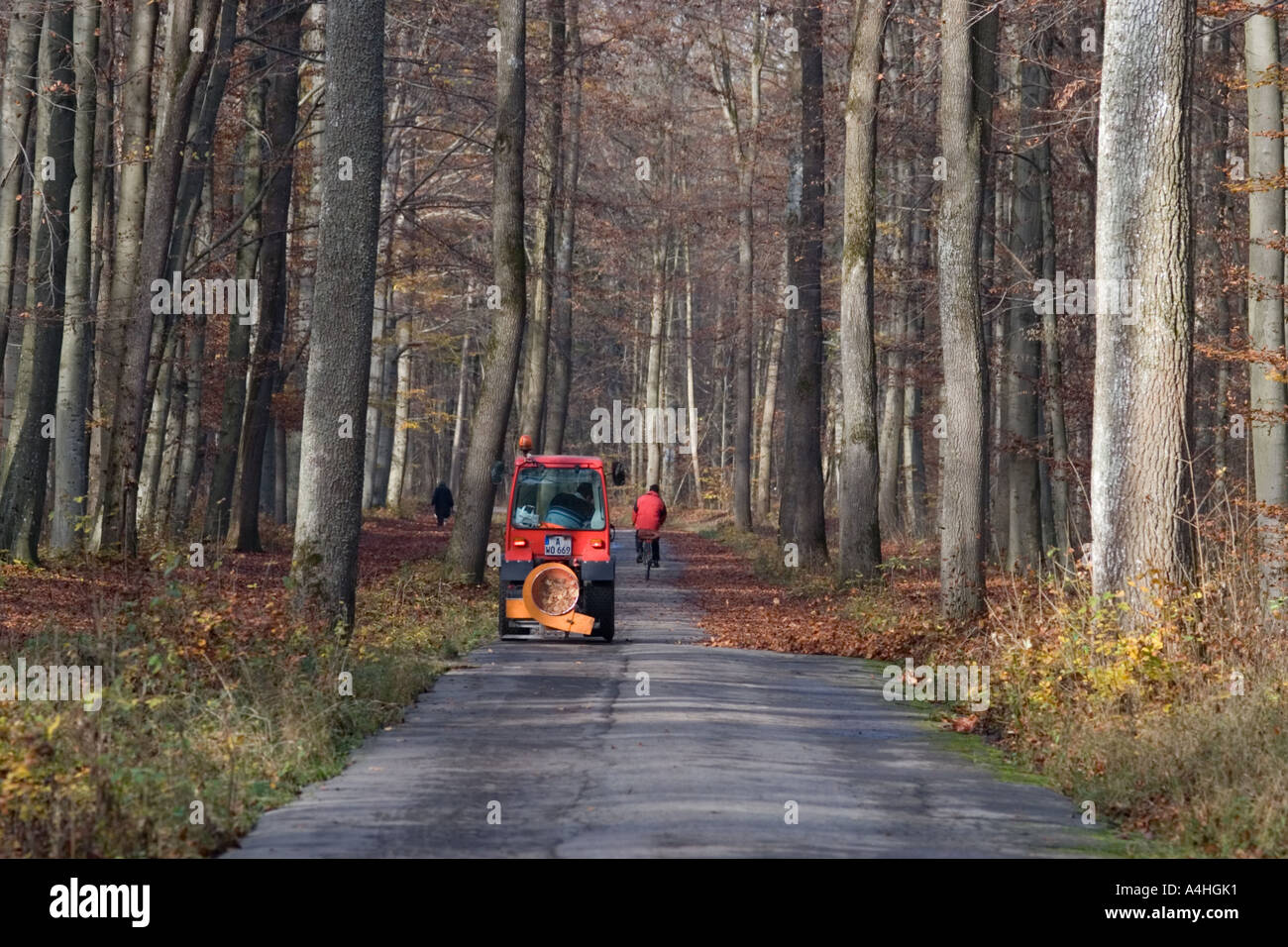 A tractor with a blower is cleaning the forest-trails and blows away ...