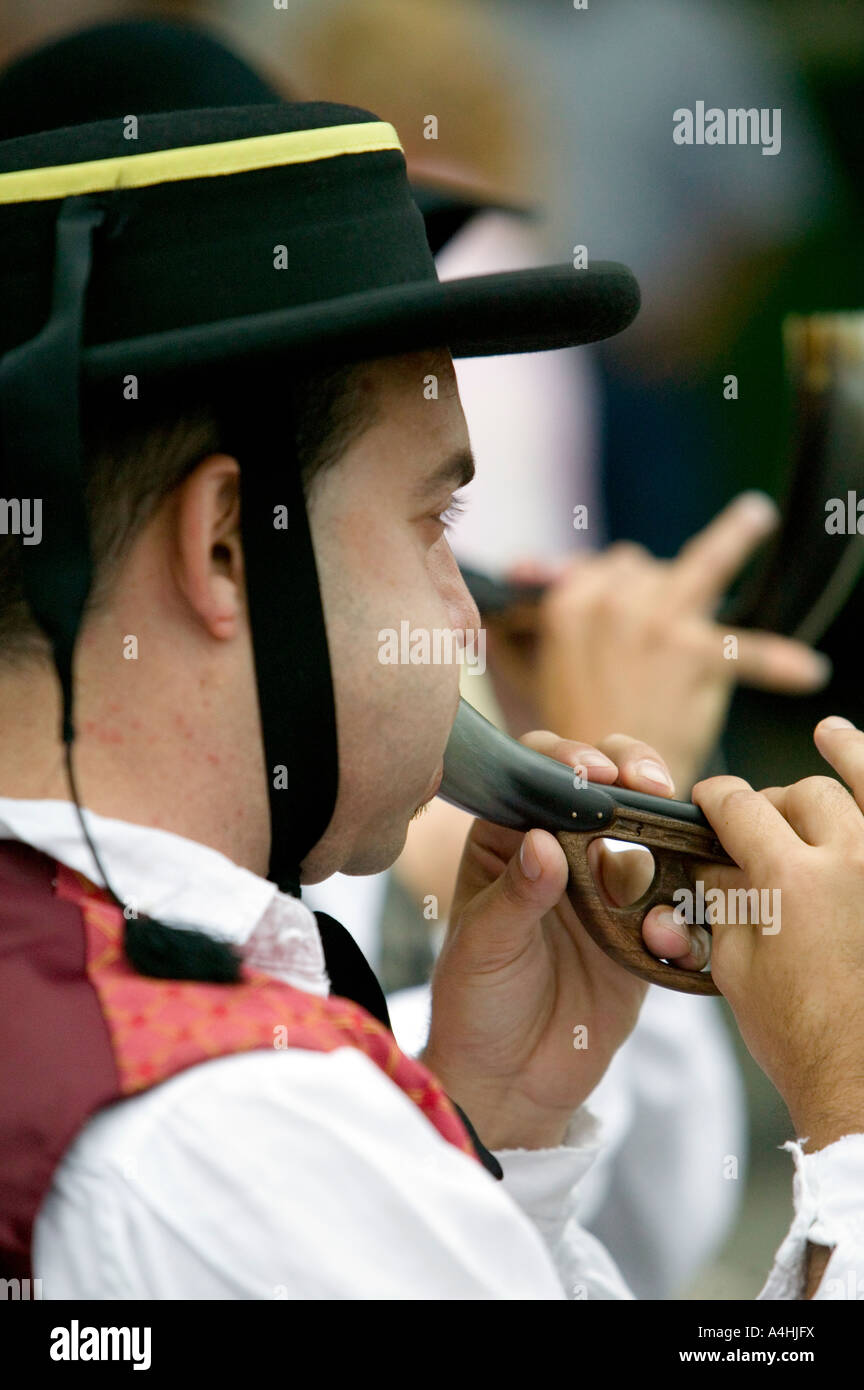 Basque man playing traditional wind instrument, Our Lady of Begoña ...