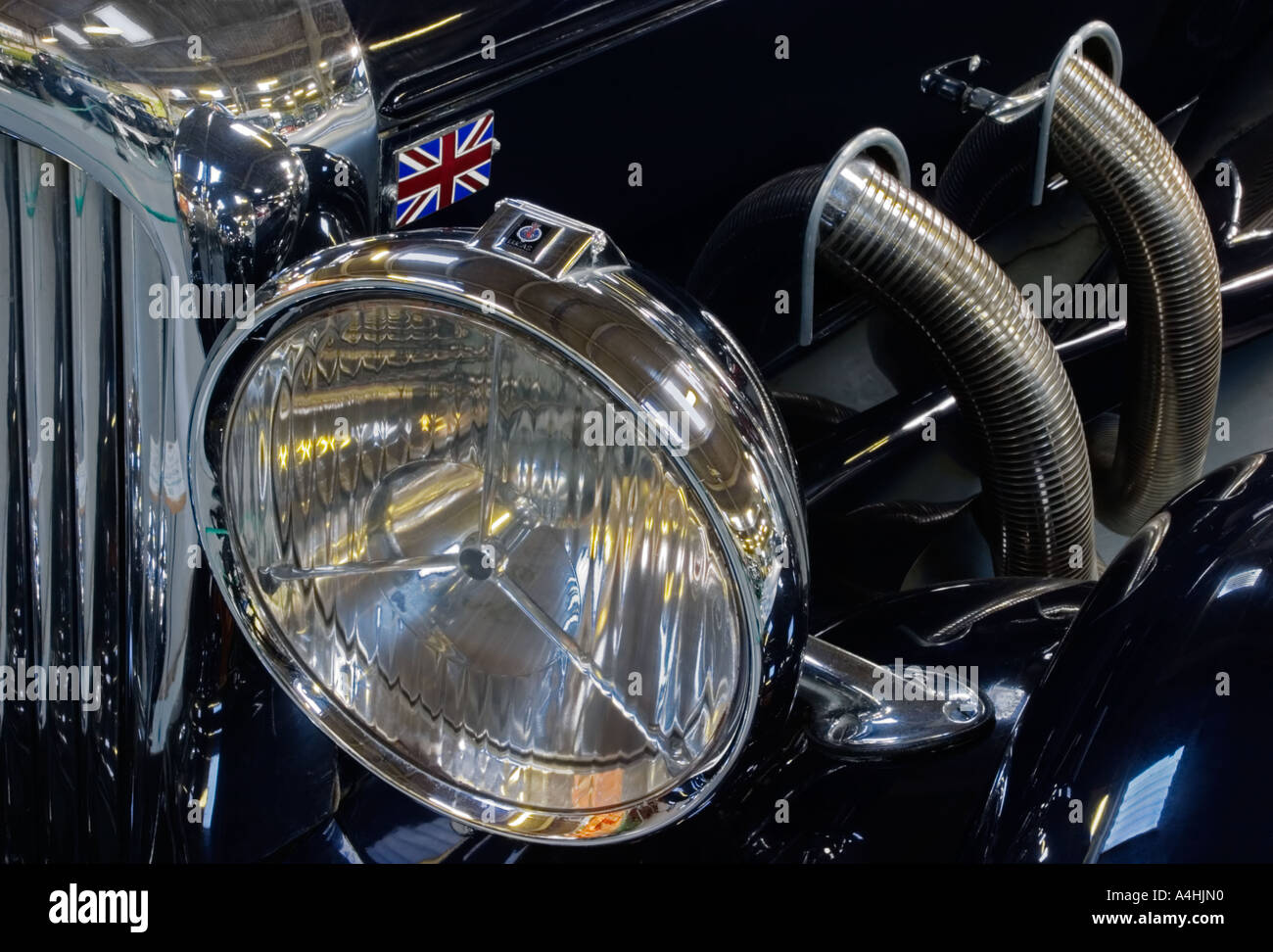 Contemporary classic car Lagonda headlight radiator exhaust pipes Stock ...