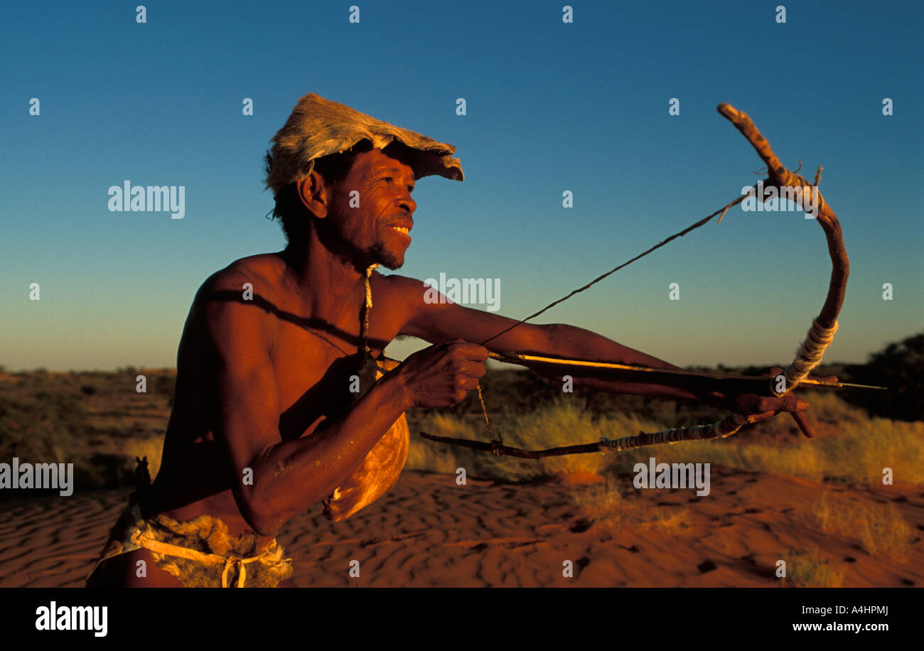 Bushman San man hunting with bow and arrow Kalahari Northern Cape South ...