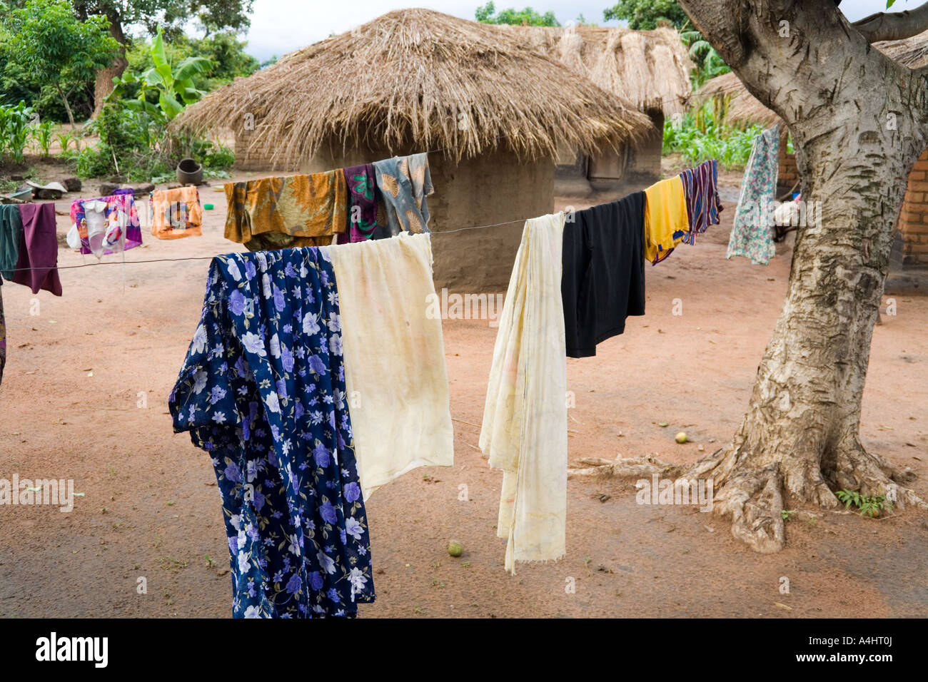 Washing hung up to dry in the village of Makosana Malawi Africa Stock ...