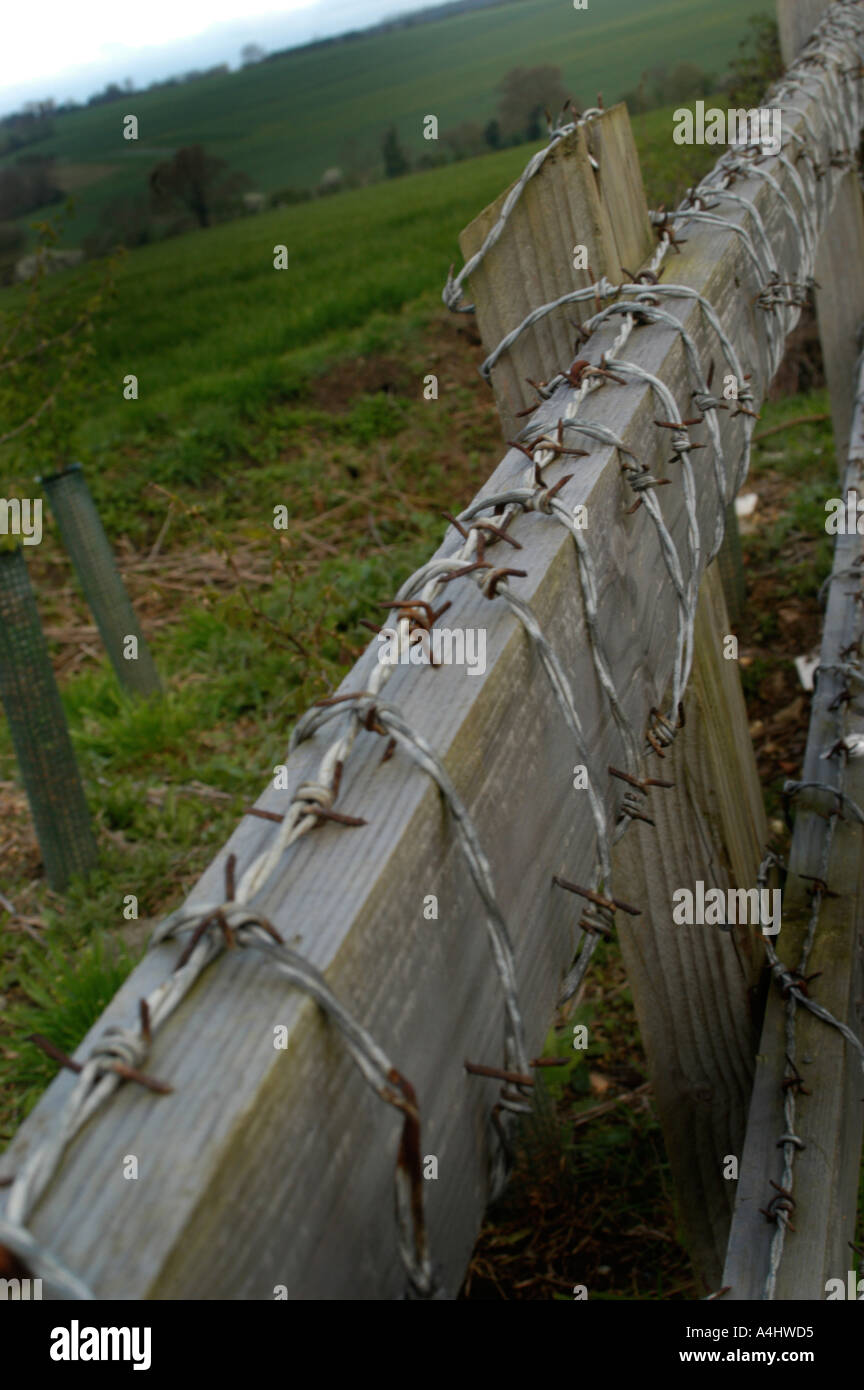 barbed wire wooden fence in uk Stock Photo - Alamy