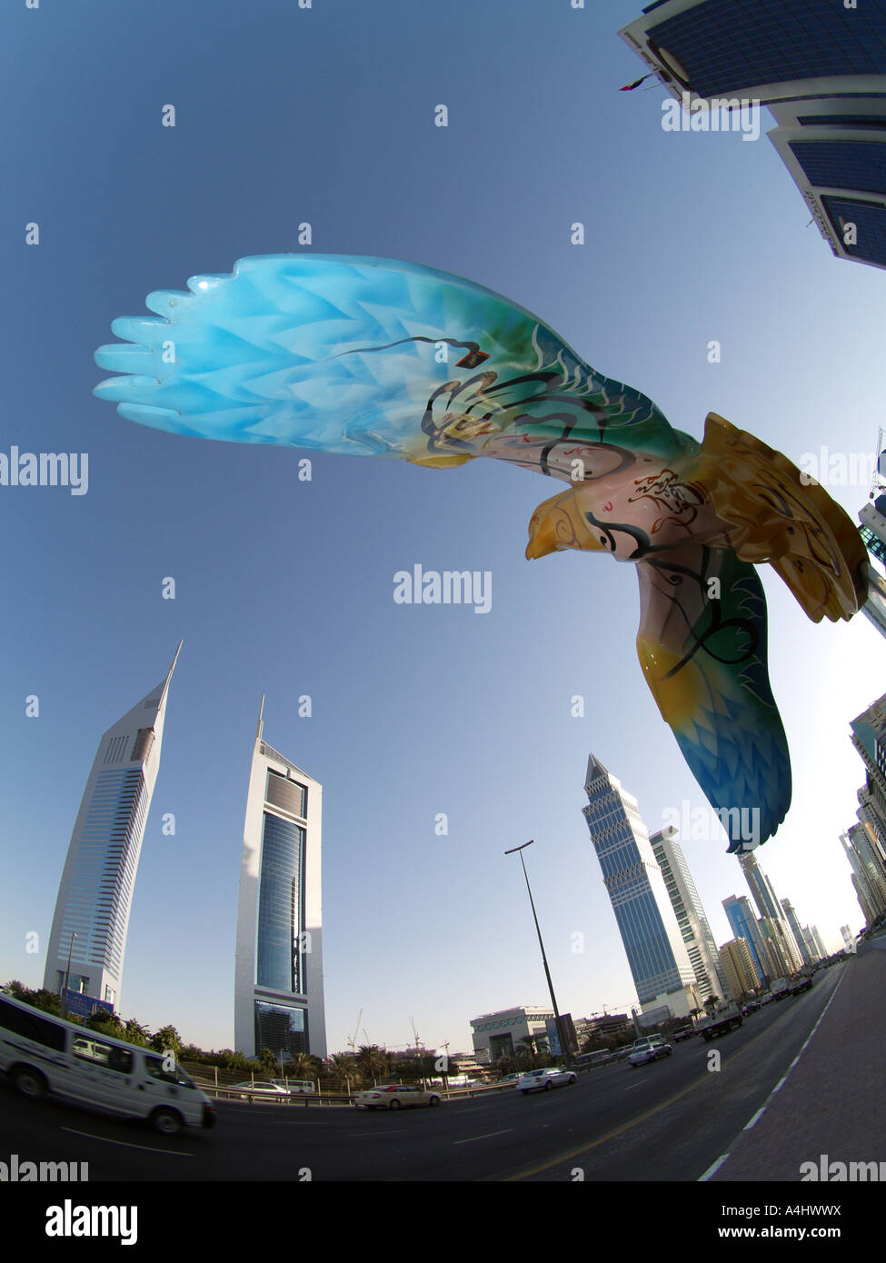 Dubai, Sheik Zayed Road, modern skyline, falcon sculpture, Emirates ...