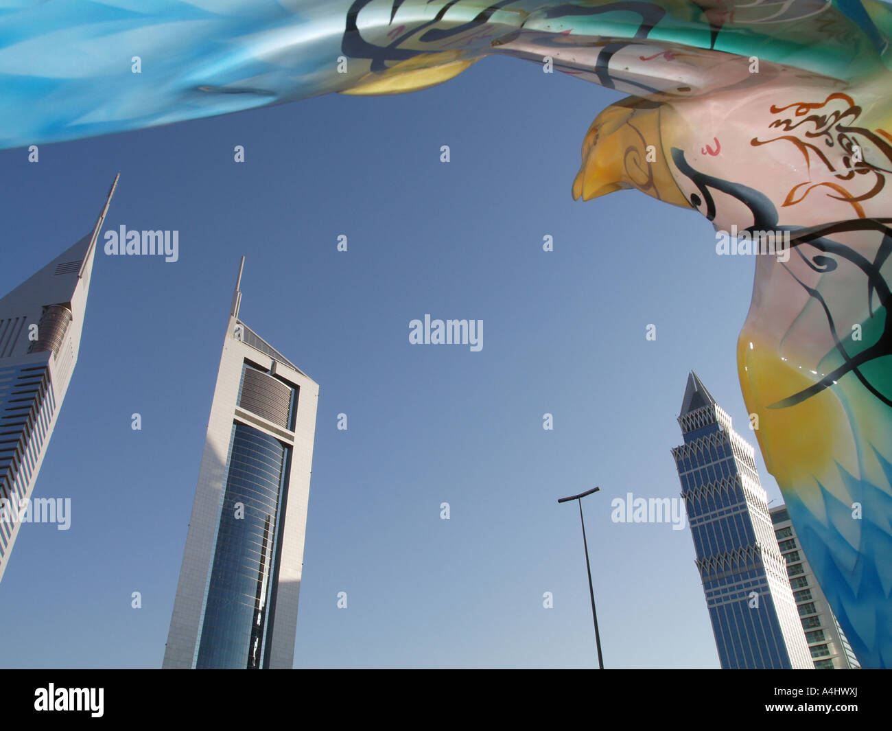 Dubai, Sheik Zayed Road, modern skyline, falcon sculpture, Emirates ...