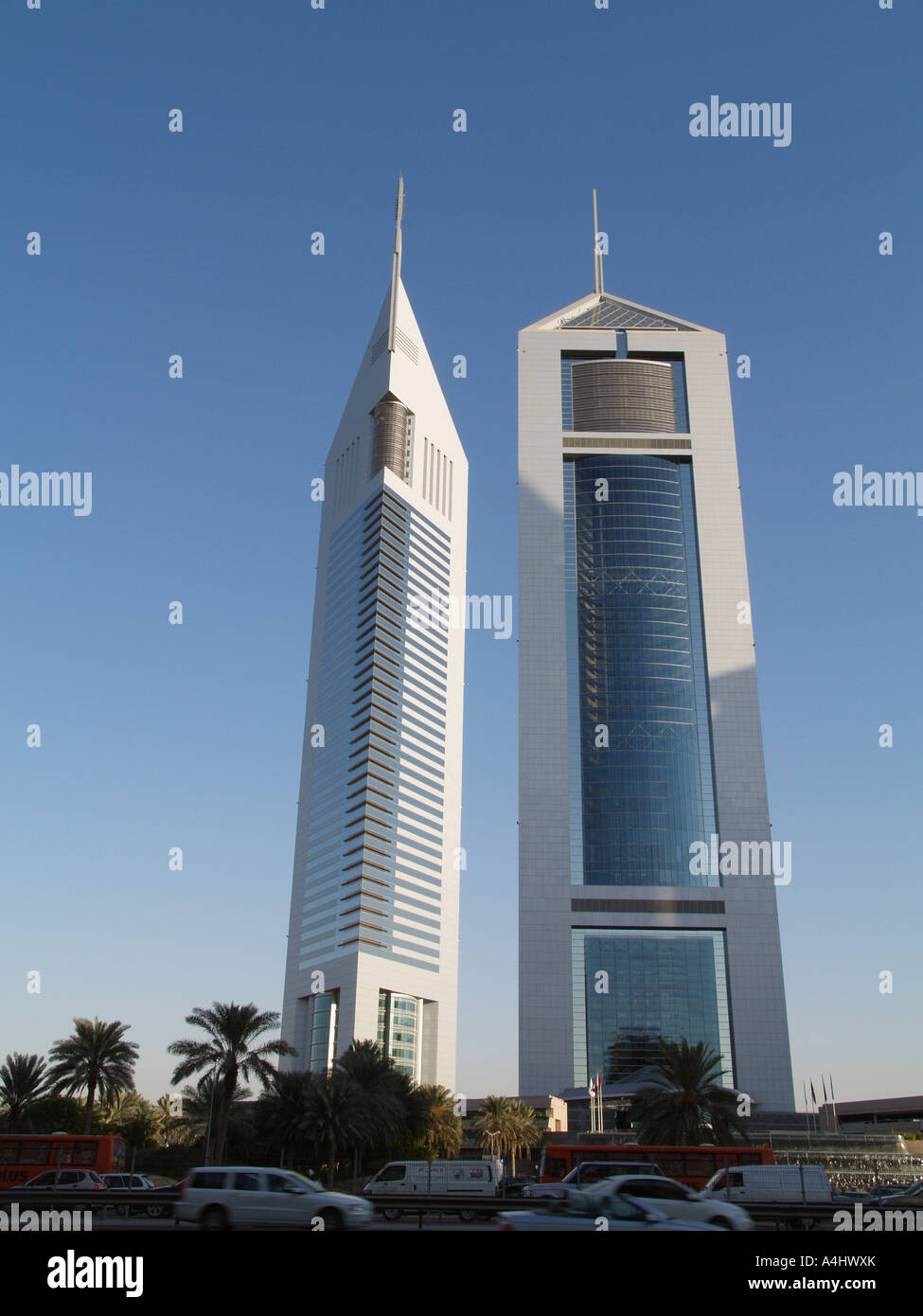 Dubai, Sheik Zayed Road, modern skyline, Emirates Towers Stock Photo ...