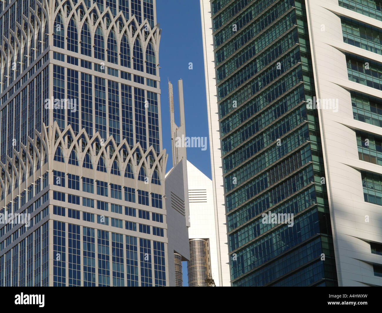 Dubai, Sheik Zayed Road, modern skyline, Emirates Towers Stock Photo ...