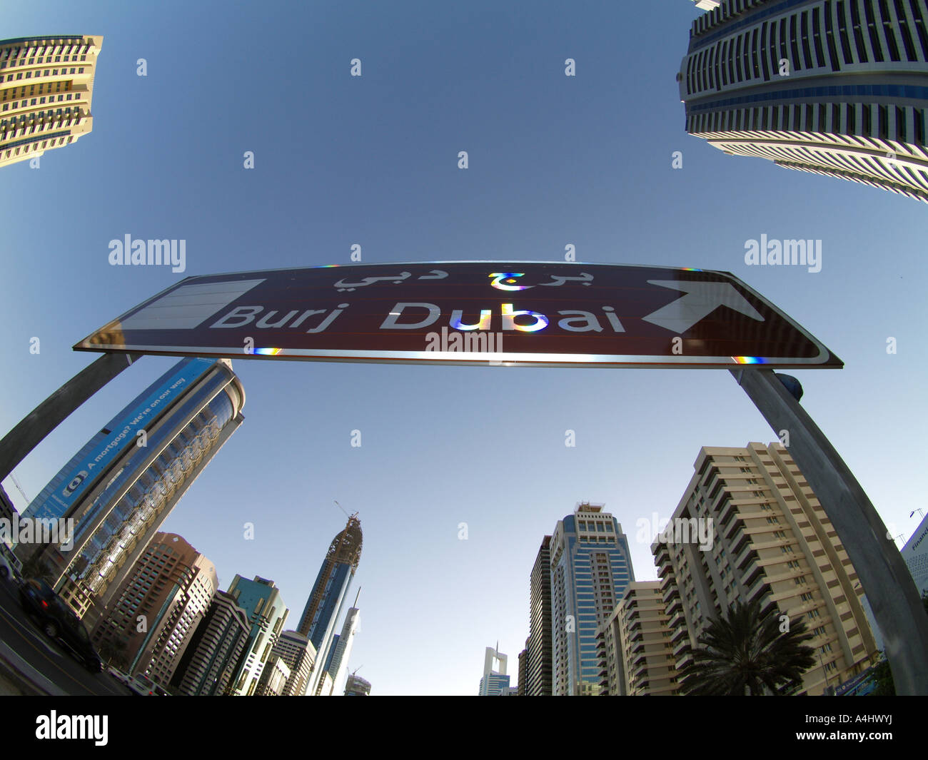 Dubai Sheik Zayed Road modern skyline sign Burj Dubai Stock Photo - Alamy