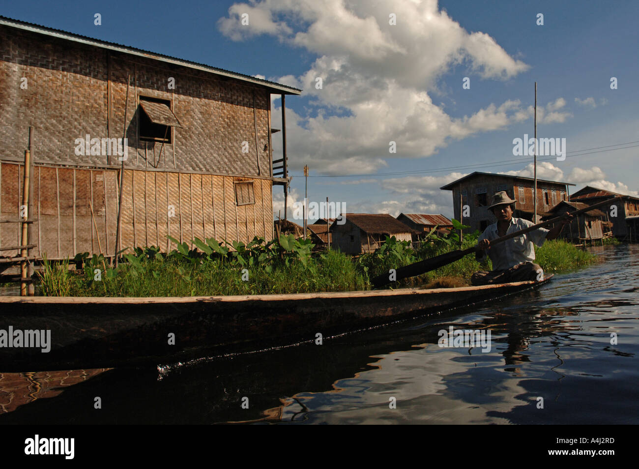 Man rowing his boat along Myanmar Inle Lake Burma Stock Photo - Alamy