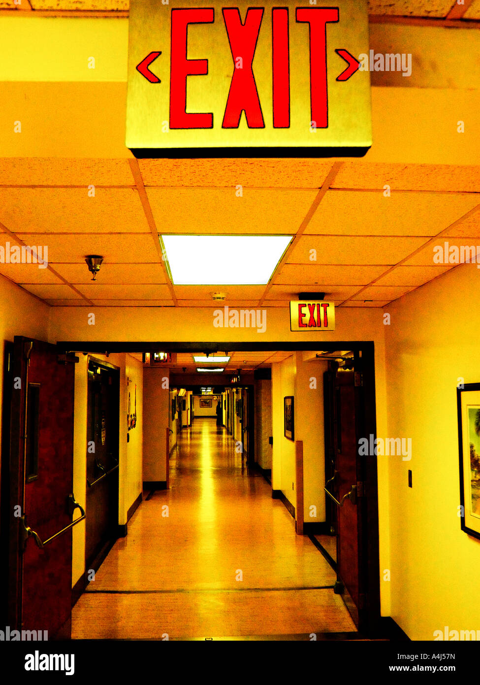 empty hospital corridor leading to emergency room showing EXIT Stock ...