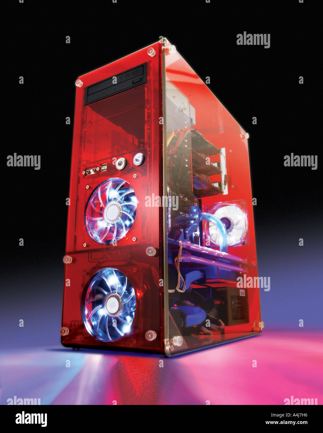 Glowing red liquid cooled computer processing unit from a monumental ...