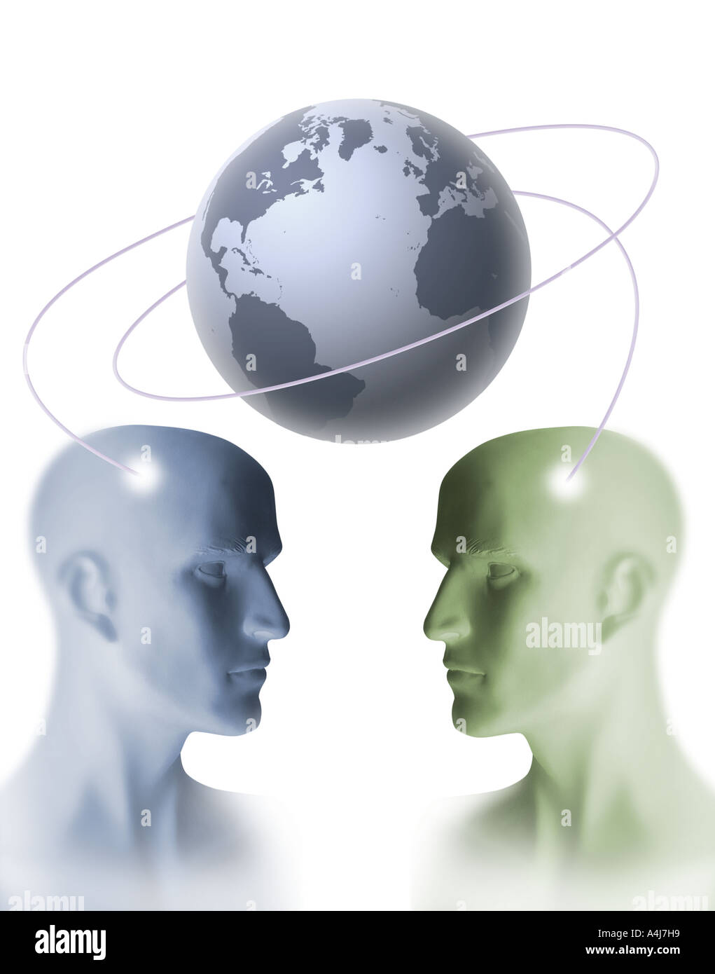 Two human mannequin figures linked by an information connection ...