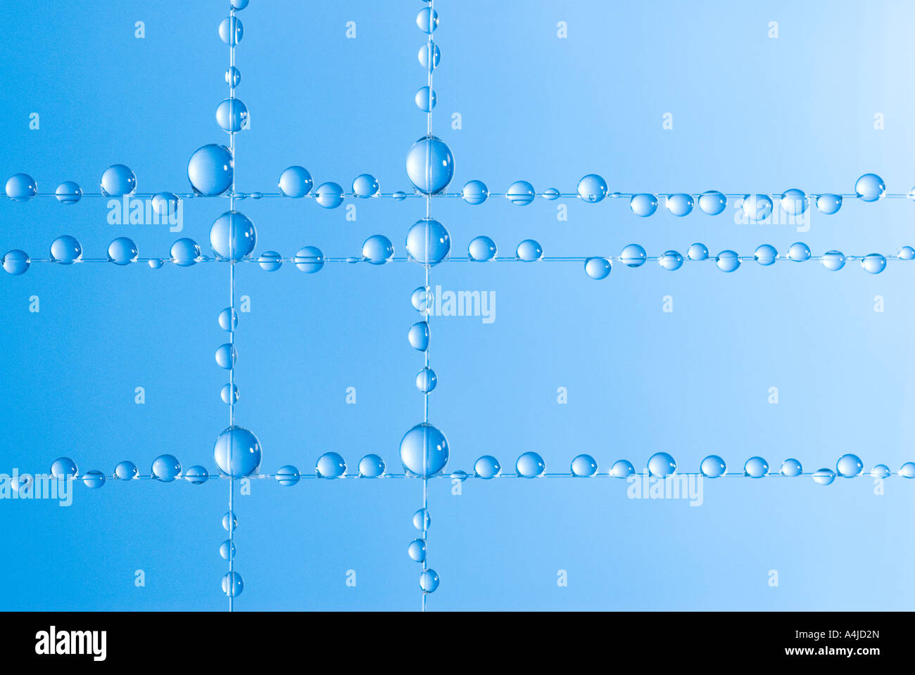 many small blue water drops hanging on a thin cord like small spheres ...
