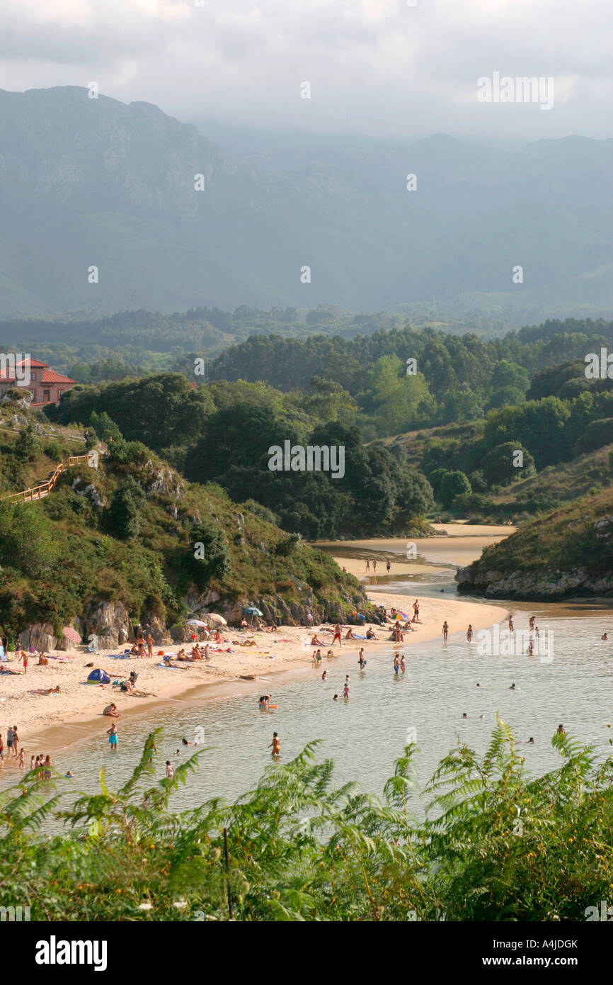 Pretty Green Poo Beach in Asturias, Northern Spain, Picos in background ...