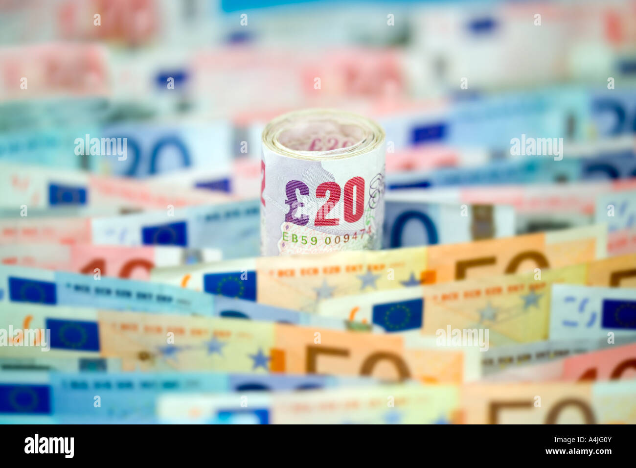 European 50 20 10 5 euro Bank Notes and roll 20 pounds Stock Photo - Alamy