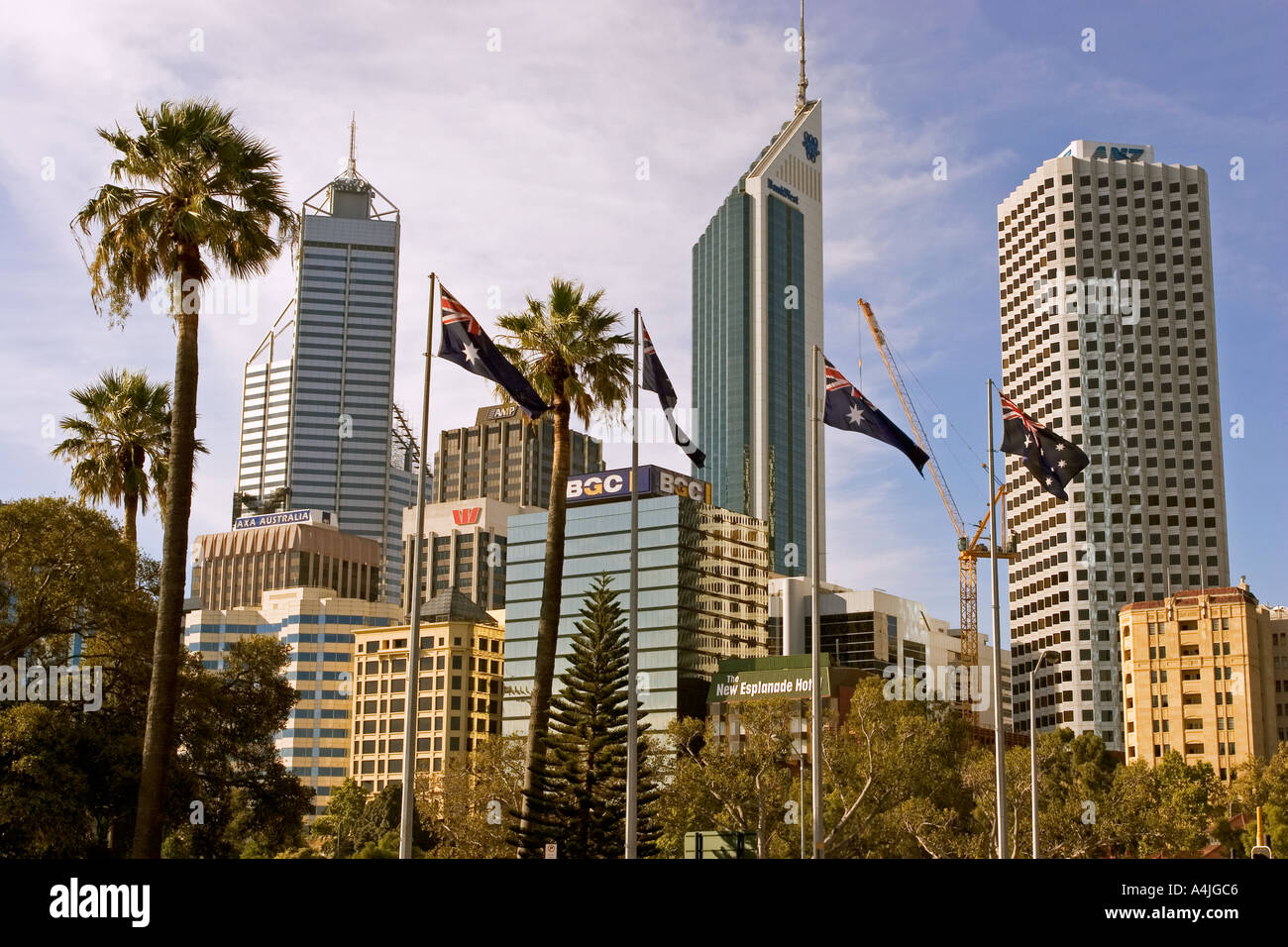 Australian flags in front of Perth city skyline Western Australia Stock ...