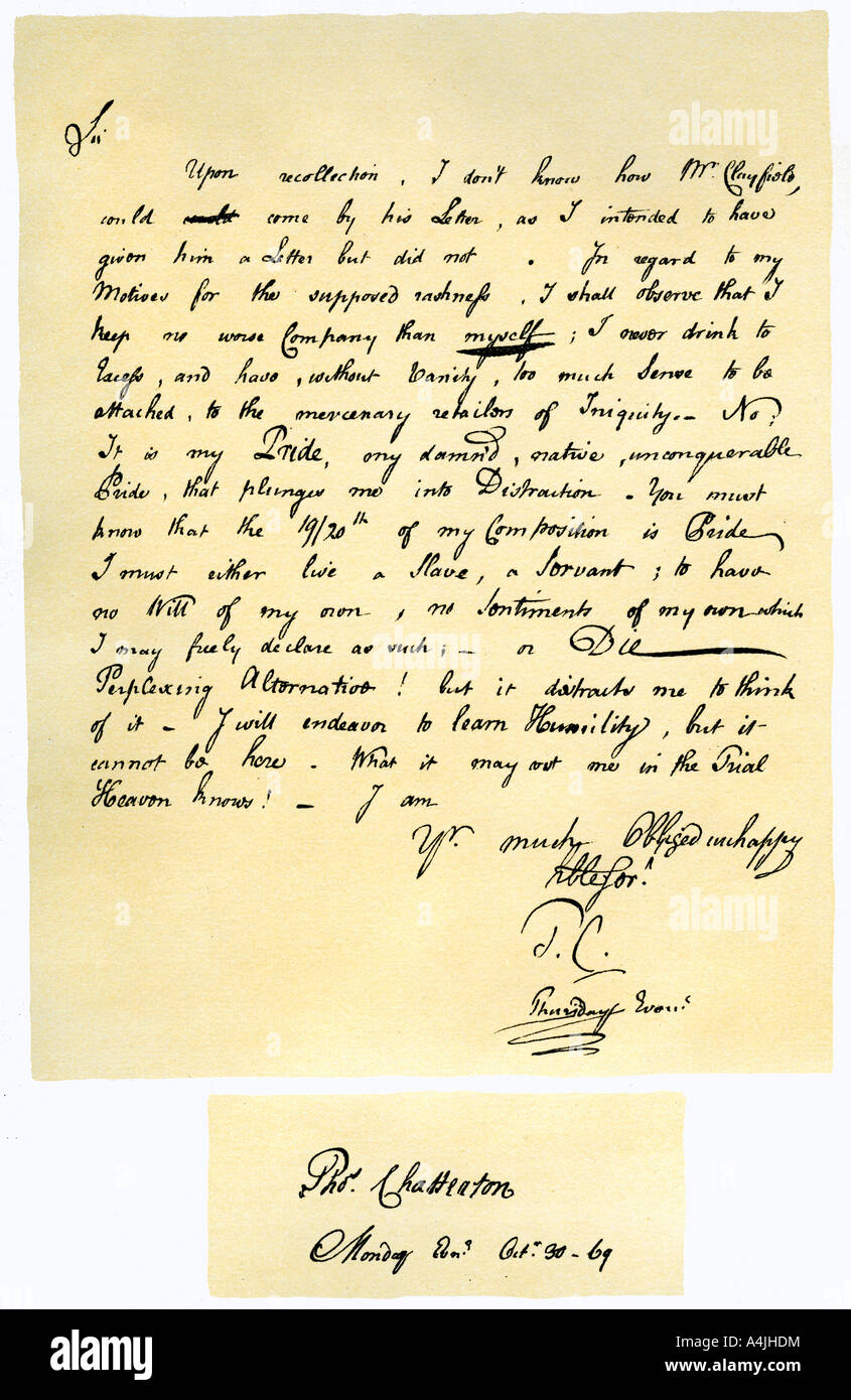 Letter from Thomas Chatterton to William Barrett, 1769.Artist: Thomas ...