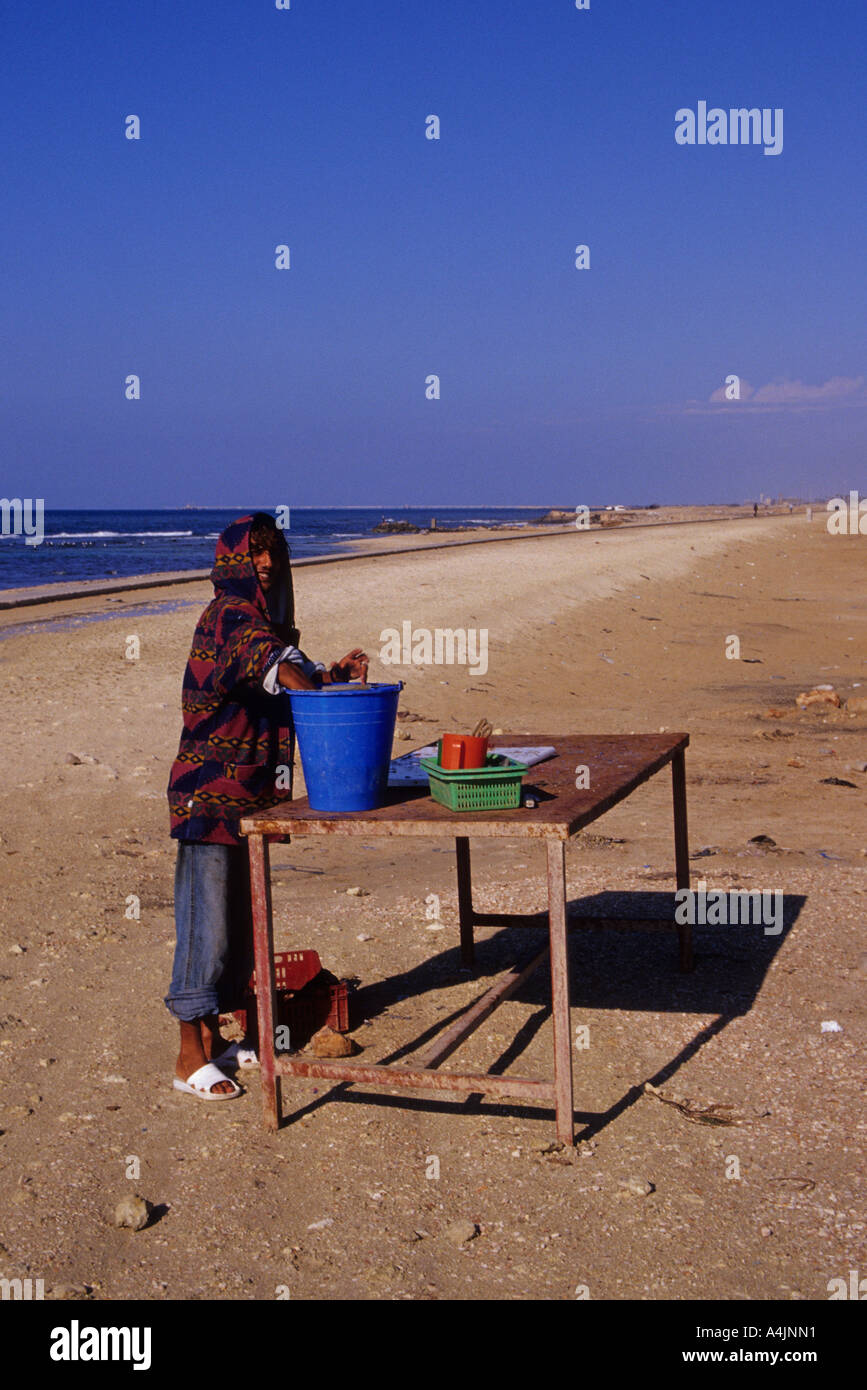 fisherman with pail cleaning fish on the beach of Benghazi, Cyrenaica ...