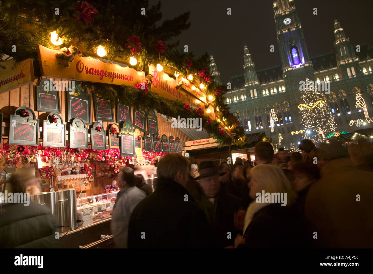 A gluhwein and punsch stall at the Rathaus Christmas Market in Vienna ...