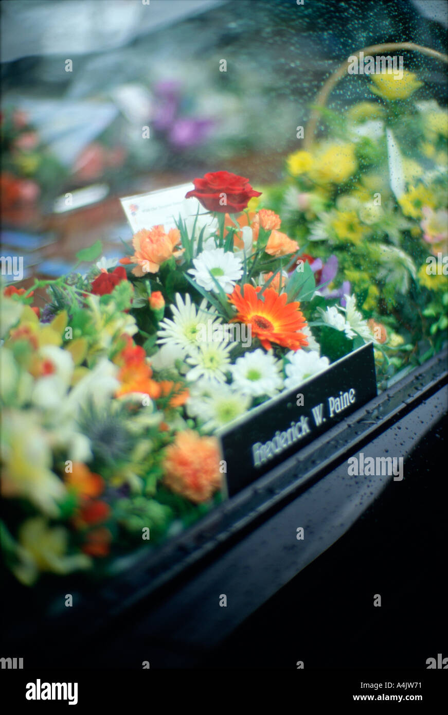 Detail of flowers in window of Frederick Paine undertakers hearse ...