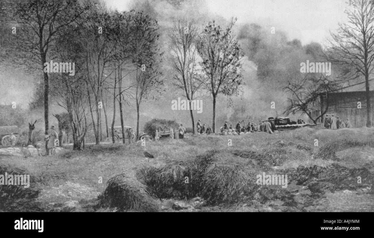 A farm on fire from German incendiary bombs, Artois, France, World War ...