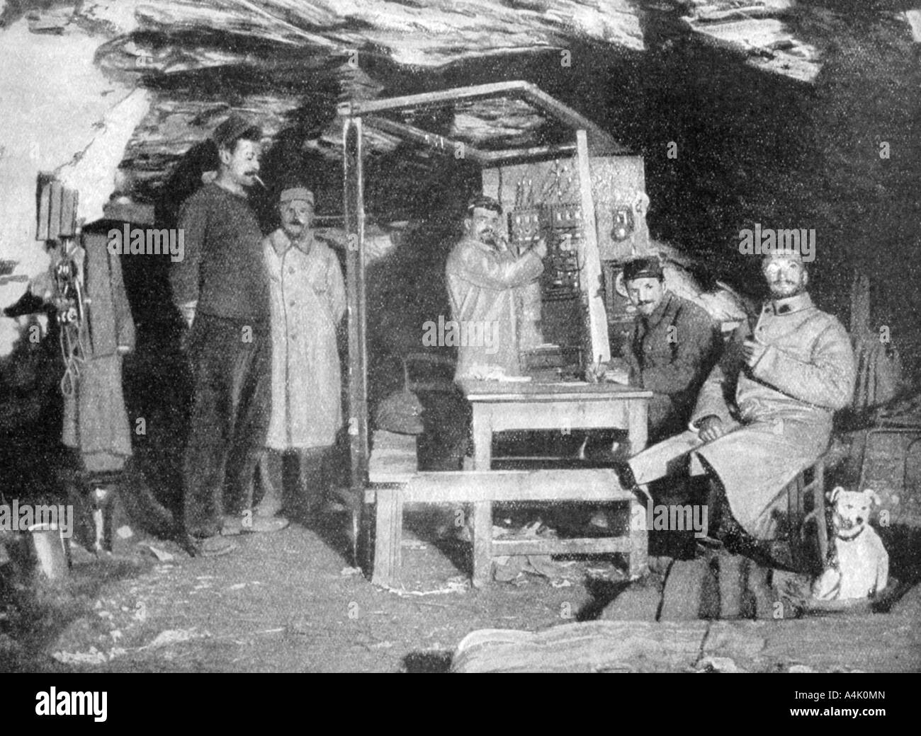A French telephone post in a cave, France, World War I, 1915. Artist ...
