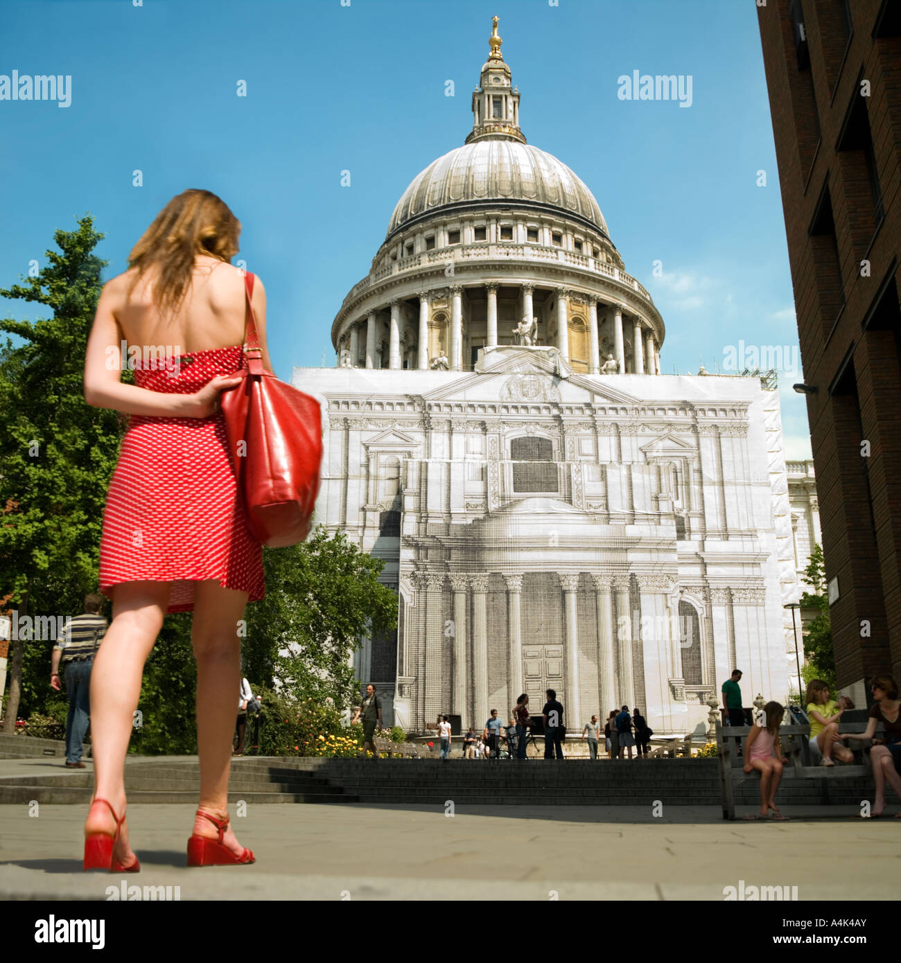 Lady in Red at St Pauls No model release required as back view of woman ...