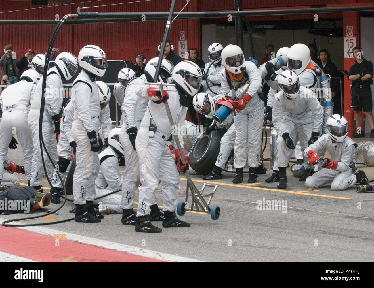 Honda team ready for pitstop at the track on Circuit de Catalunya near ...