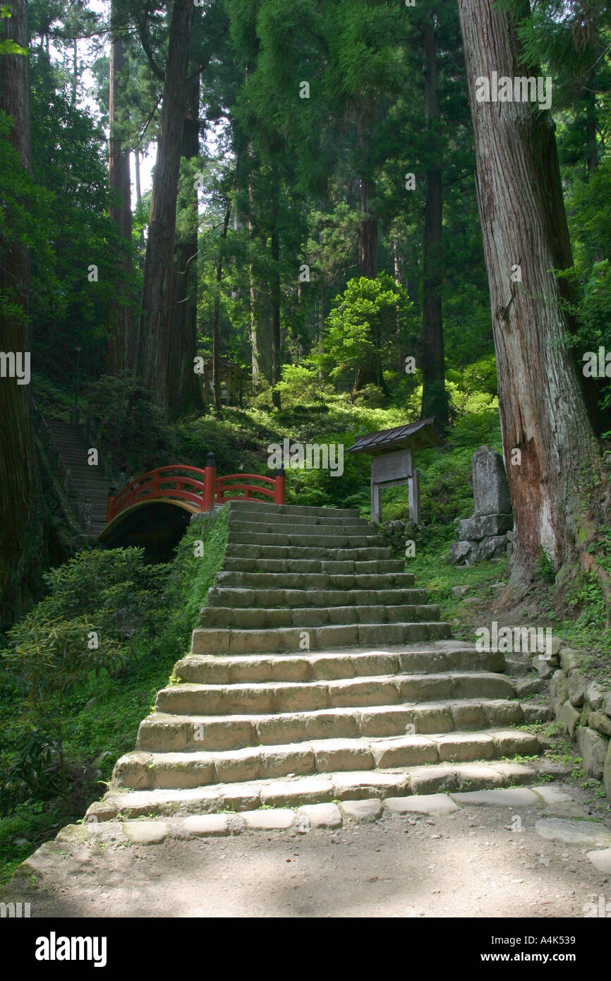 Steep steps and a traditional red bridge in the Mie countryside at ...