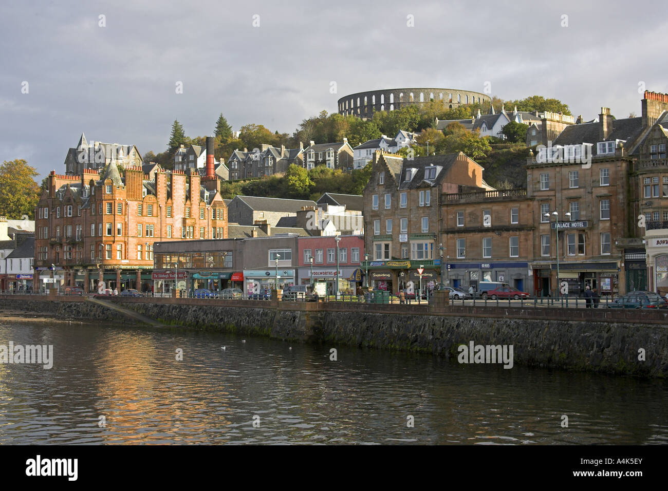 Oban town from the harbour showing McCaig's Tower, Argyll & Bute ...
