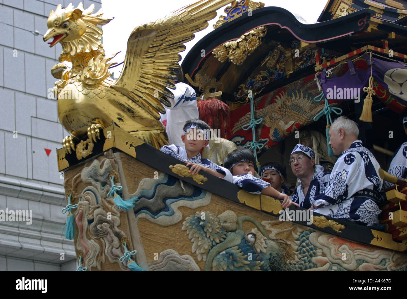 Detail of a wooden boat shaped float at the Gion Matsuri in Kyoto ...