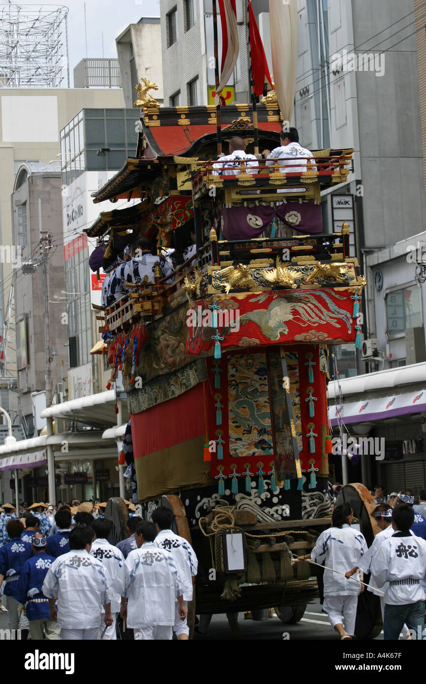 Rear detail of a wooden boat shaped float at the famous Gion Matsuri in ...