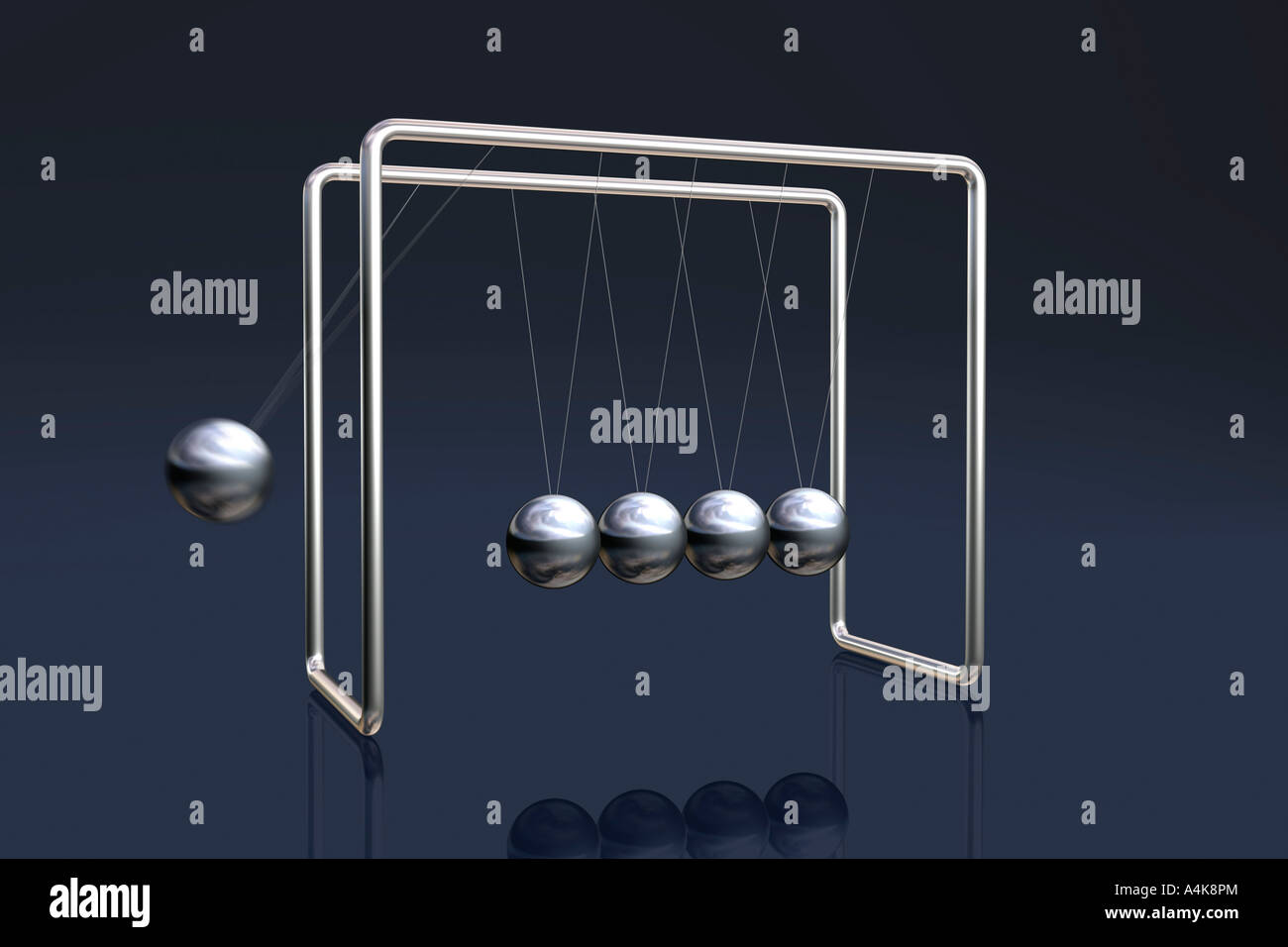 Newton's cradle in action (motion blur) on a dark reflective background ...