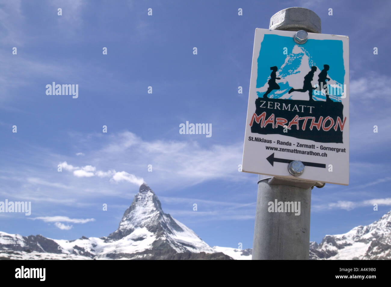 sign for the Zermatt Marathon in front of the Matterhorn Zermatt ...