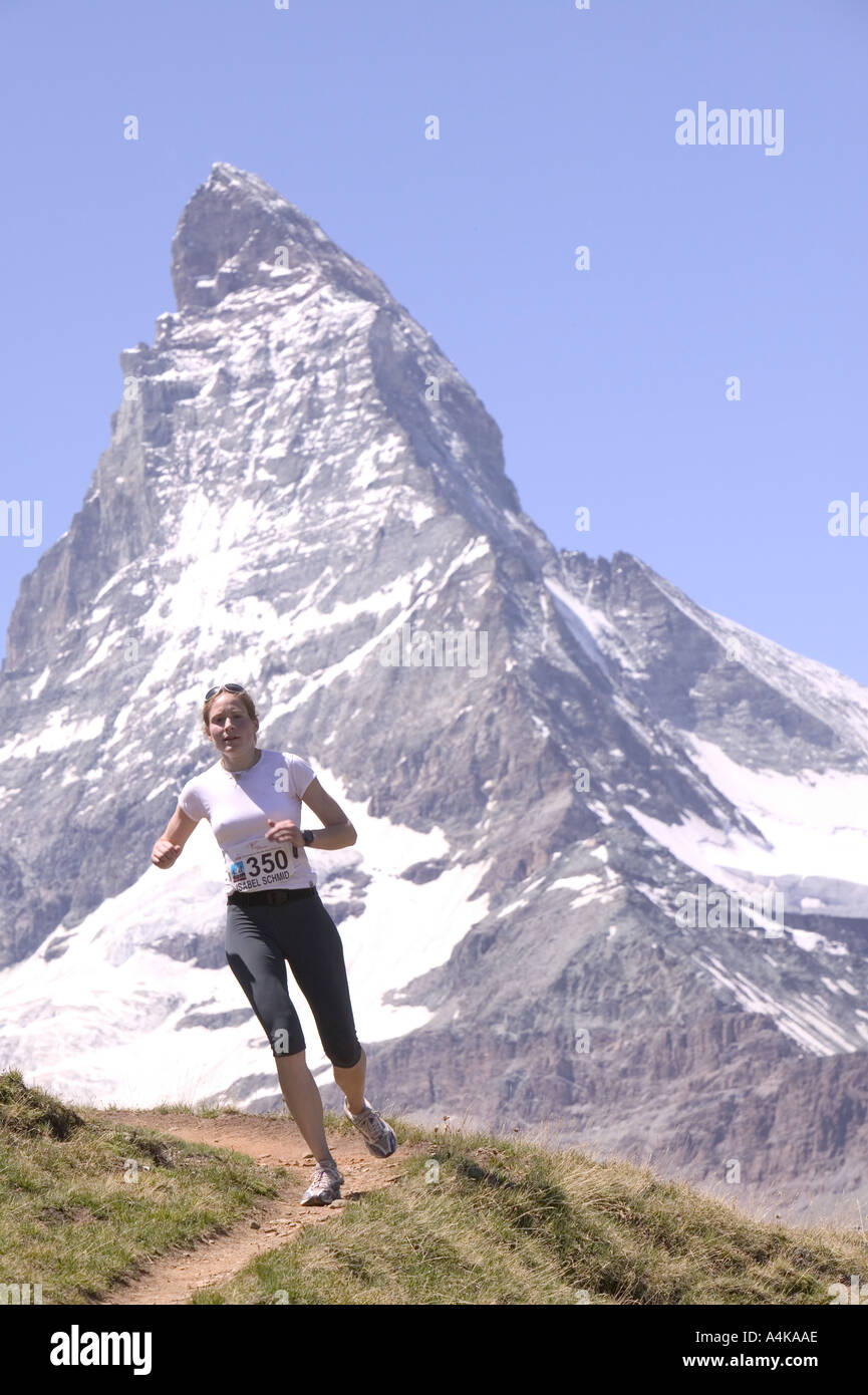 runner infront of the Matterhorn in the Zermatt marathon Stock Photo ...