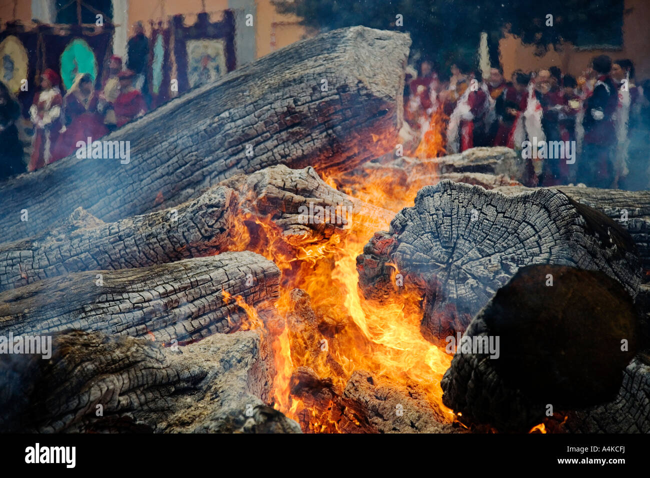 Large wood fire during a medieval reenactment in Morlupo, Italy Stock ...