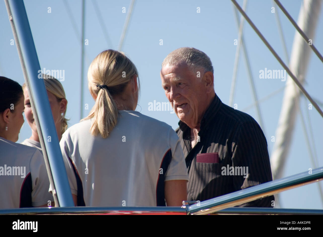 Crew on luxury yacht saying hello to guests The yacht is the Aurora ...