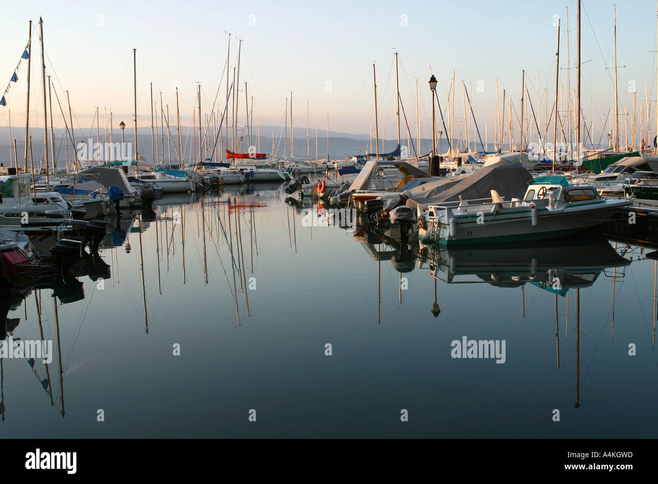 Switzerland, boats moored on Lake Leman Stock Photo - Alamy