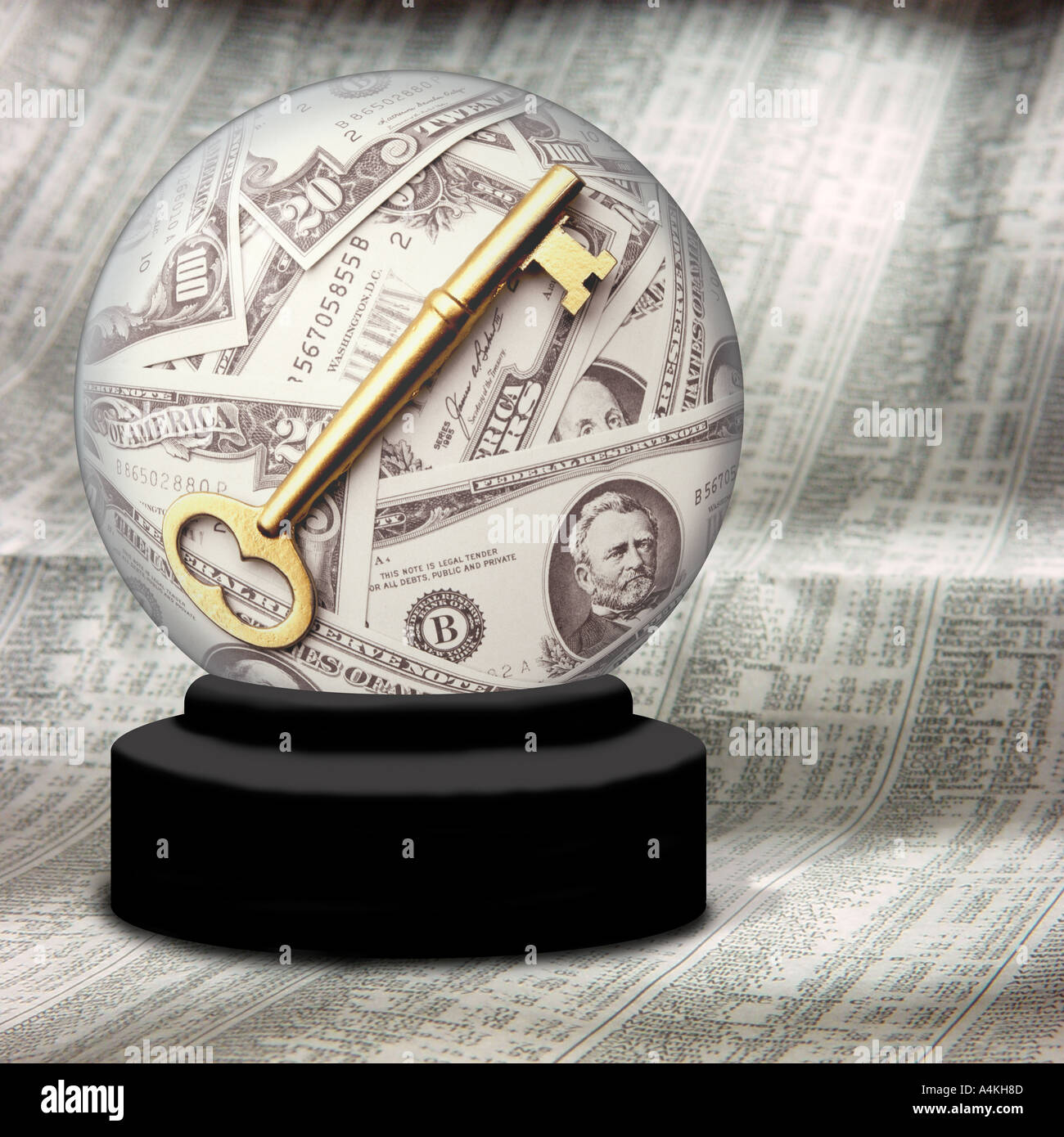 Crystal Ball on the financial page of the newspaper The globe contains ...