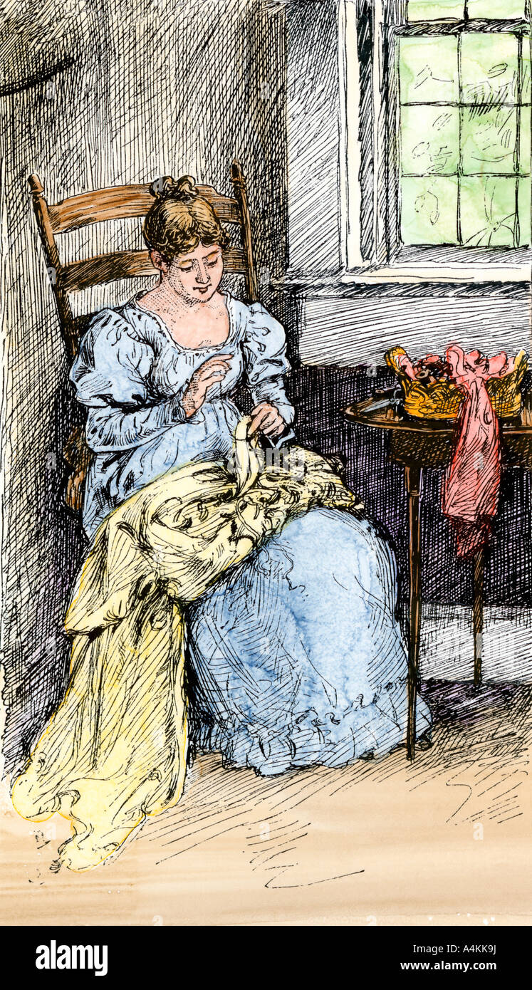 Woman sewing at home near a window for light. Hand-colored woodcut ...