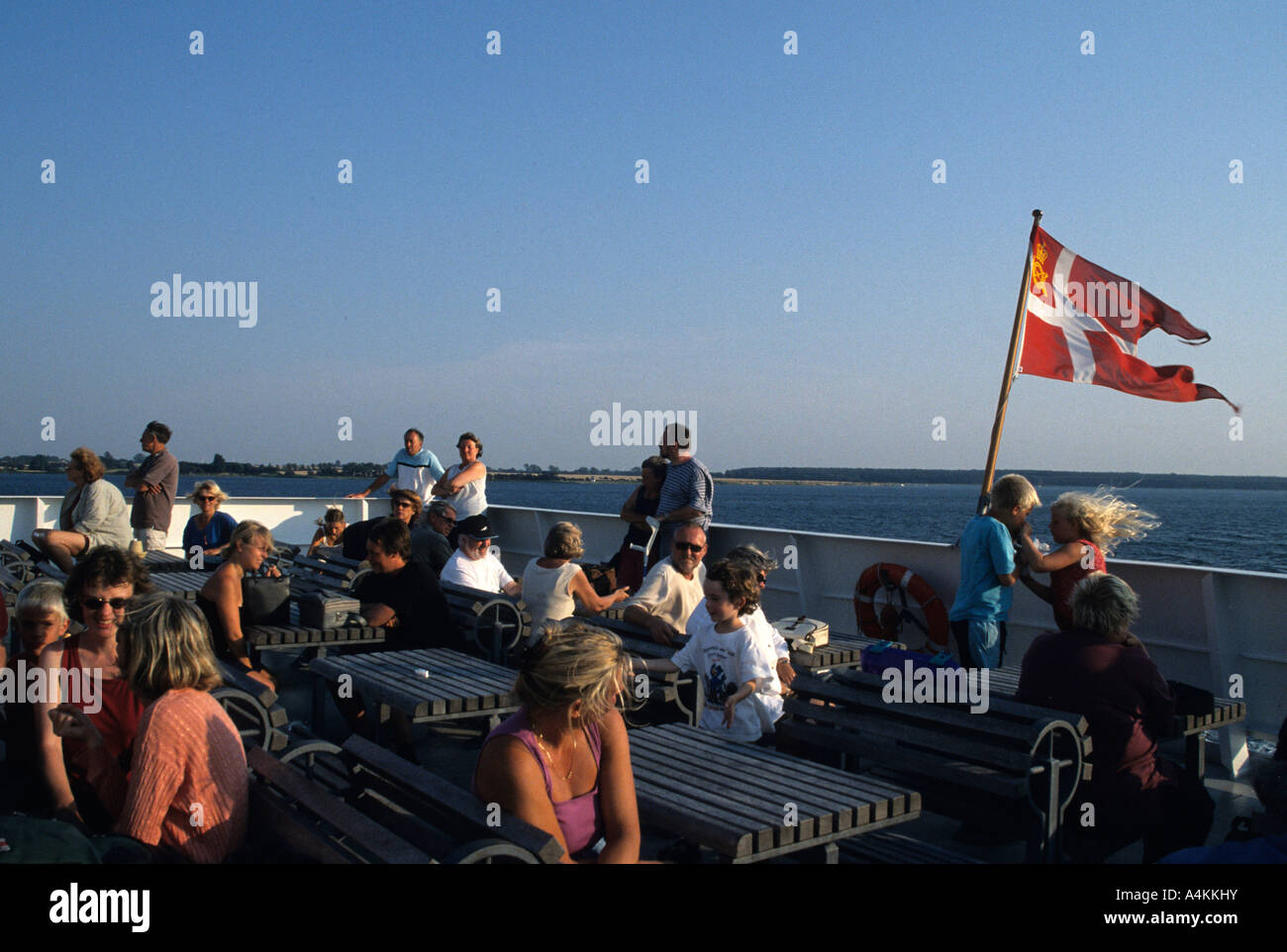 The Danish flag ensign on a ferry from the island of r to Svendborg ...